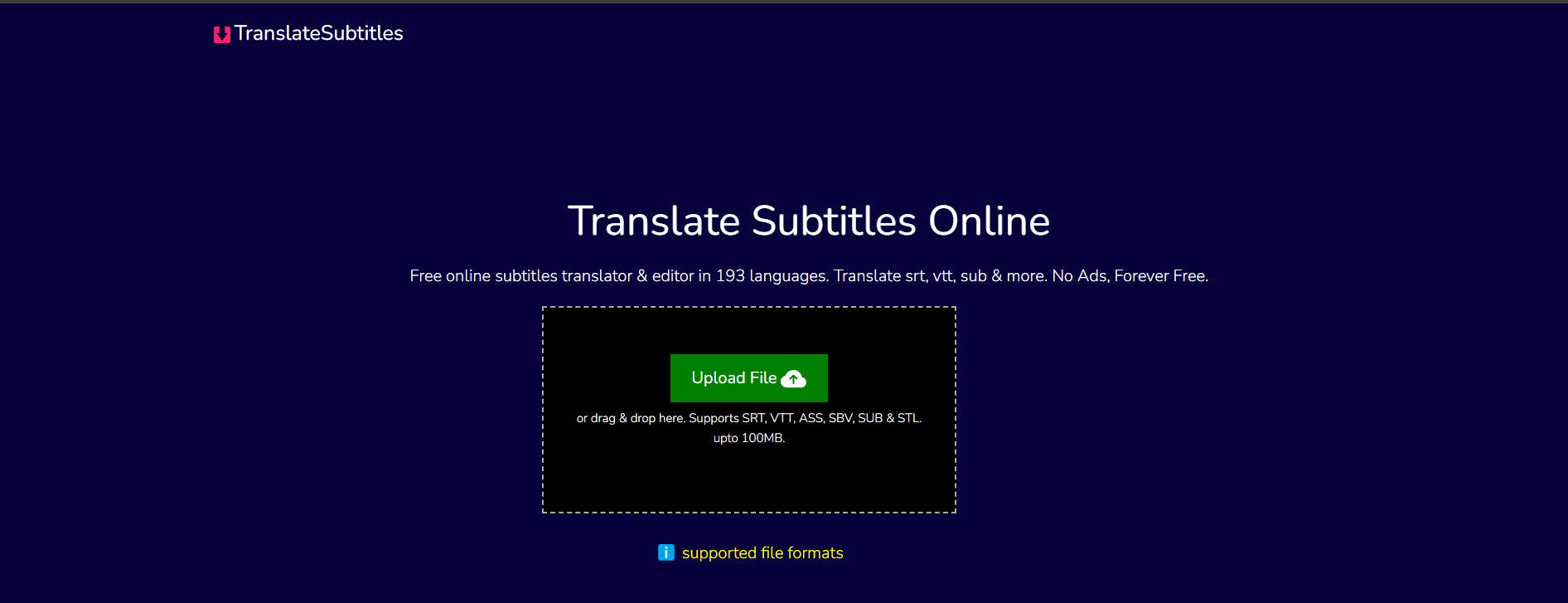Translate Subtitles for Free Online in 193 Languages. Supports SRT, VTT, ASS, SUB, SBV & STL ...